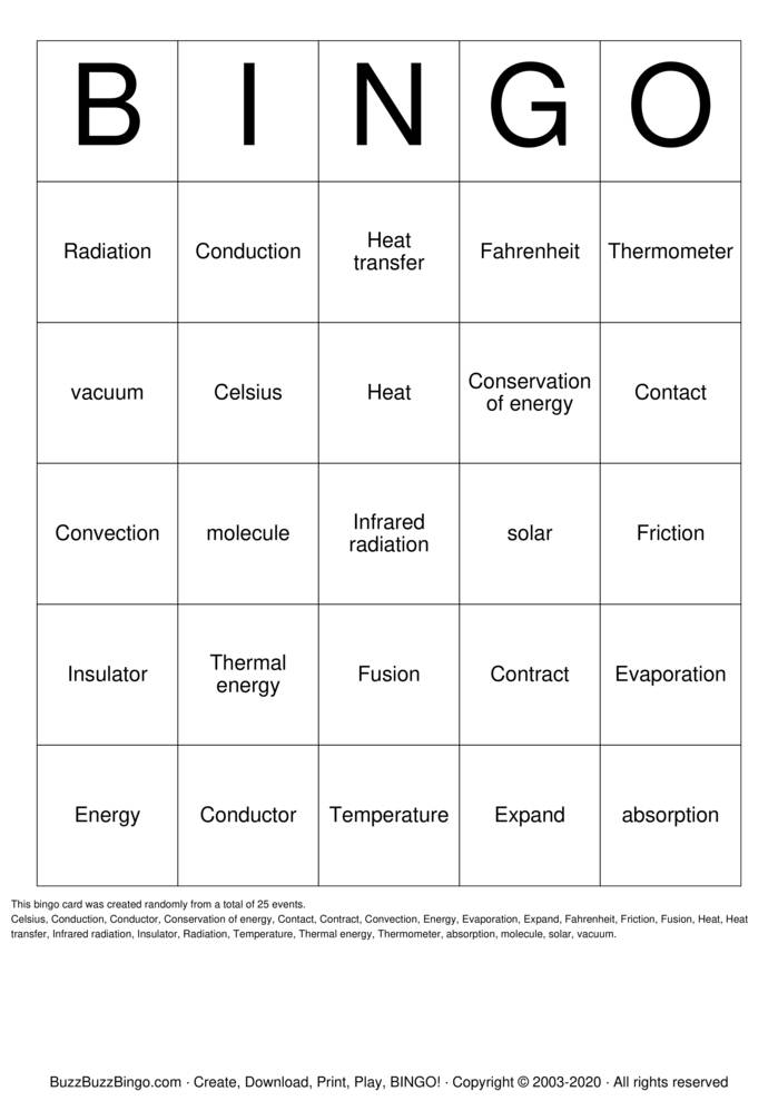 Thermal Energy Bingo Cards to Download, Print and Customize!