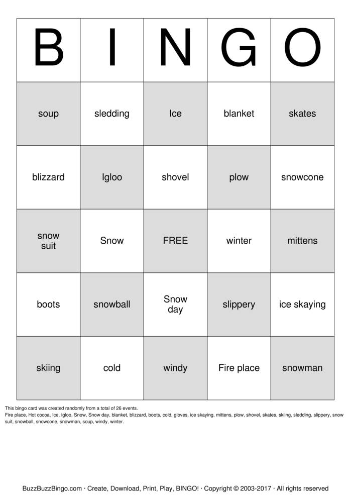 snow storm Bingo Cards to Download, Print and Customize!