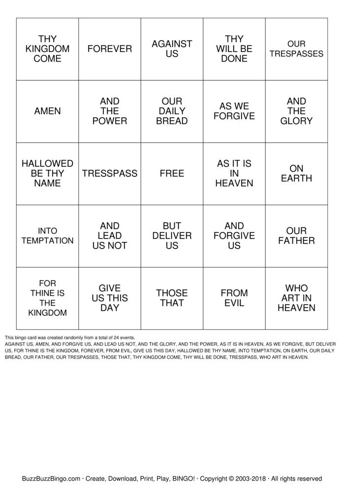 the lords prayer Bingo Cards to Download, Print and Customize!