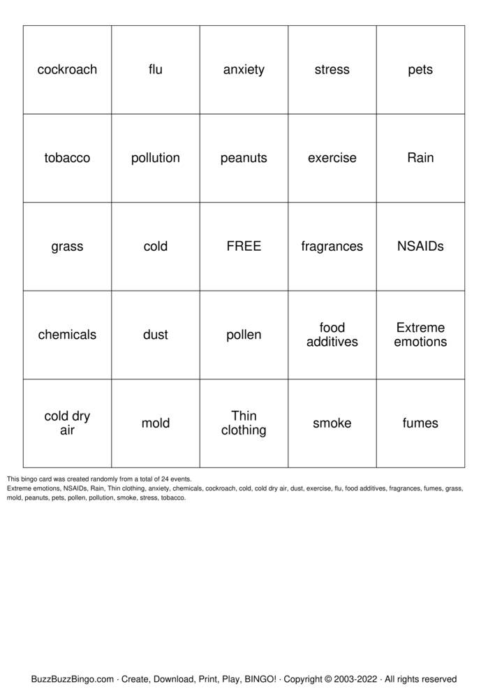 ASTHMA Bingo Cards to Download, Print and Customize!