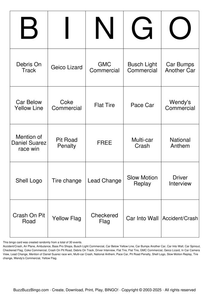 Atlanta Motor Speedway Bingo Cards to Download, Print and Customize!