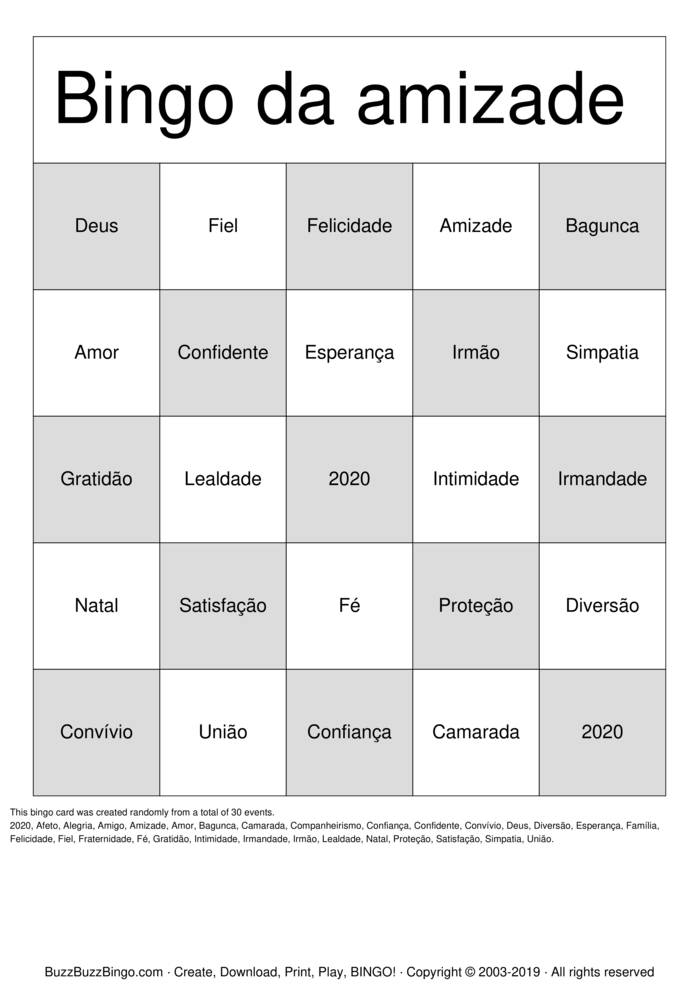Bingo da amizade Bingo Cards to Download, Print and Customize!