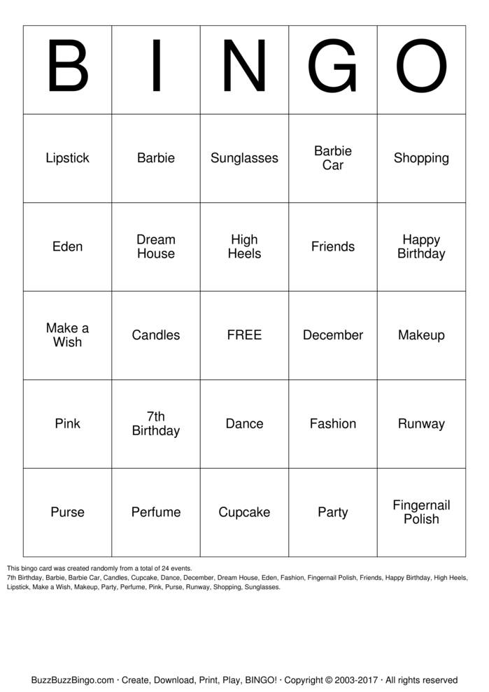 Eden Barbie Bingo Cards to Download, Print and Customize!