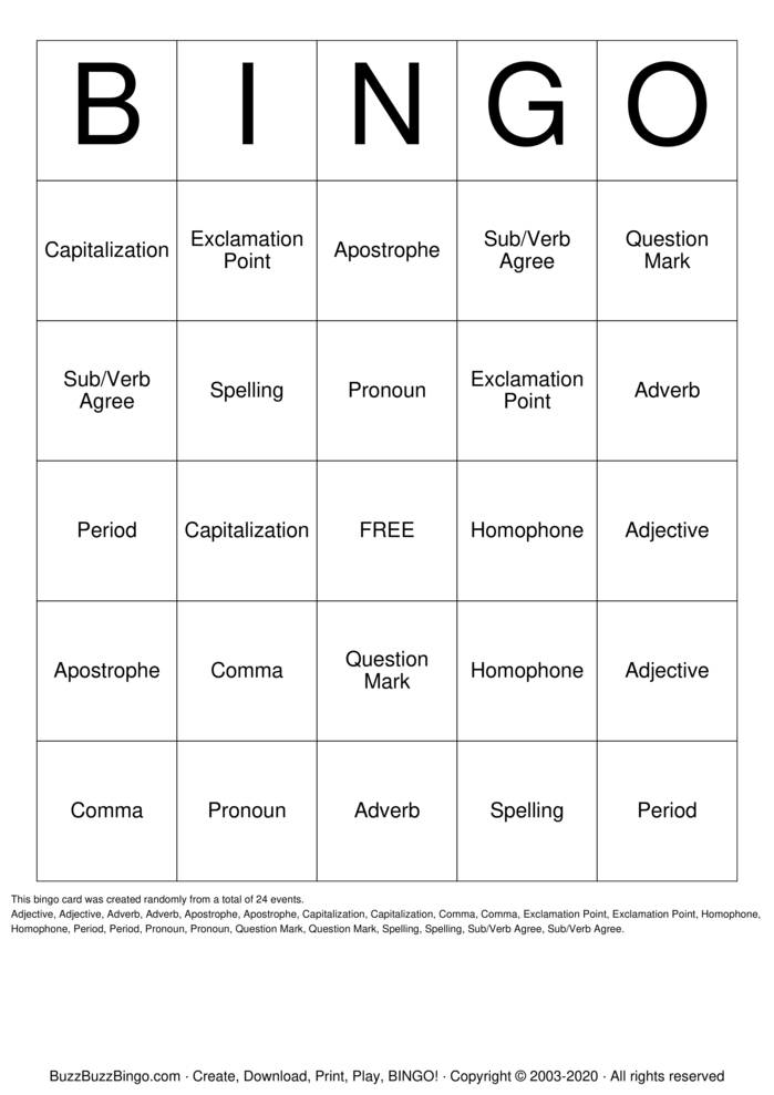 GRAMMAR Bingo Cards to Download, Print and Customize!