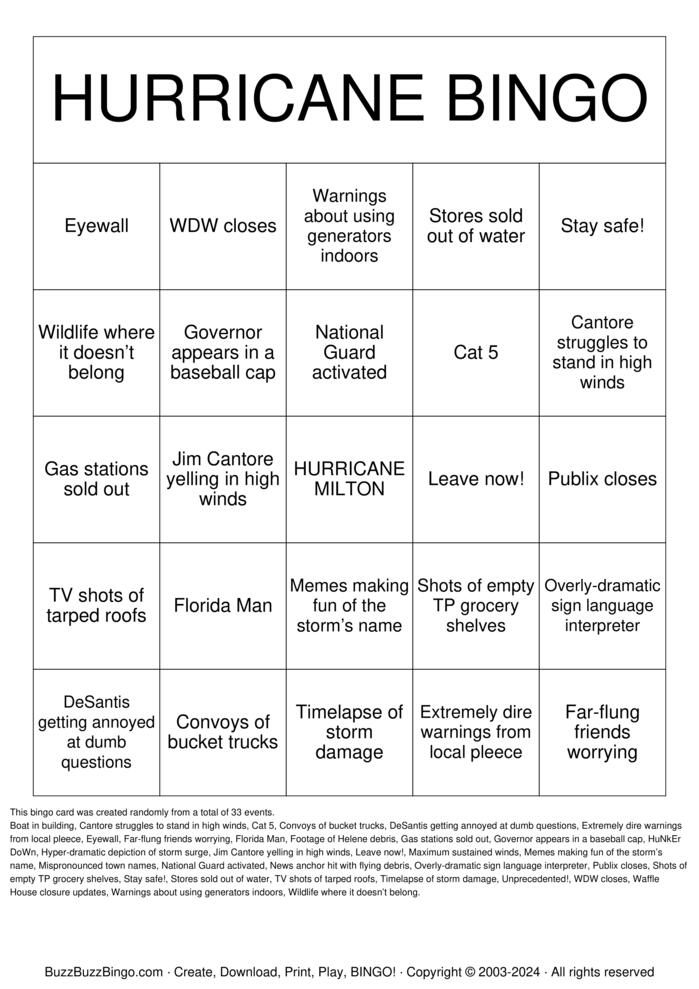HURRICANE BINGO Bingo Cards to Download, Print and Customize!