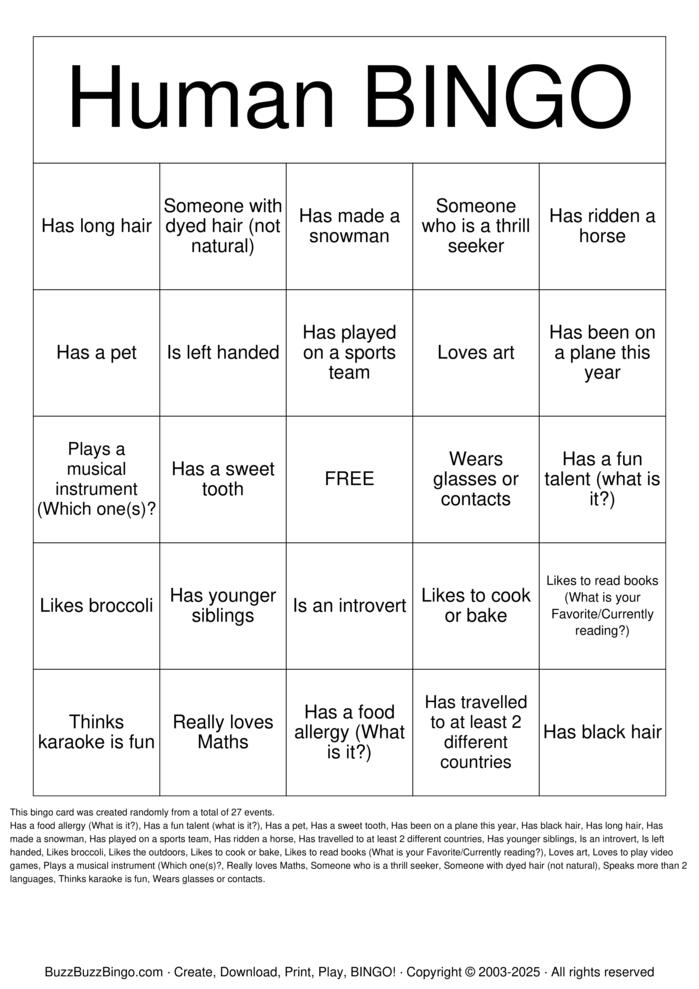Human BINGO Bingo Cards to Download, Print and Customize!