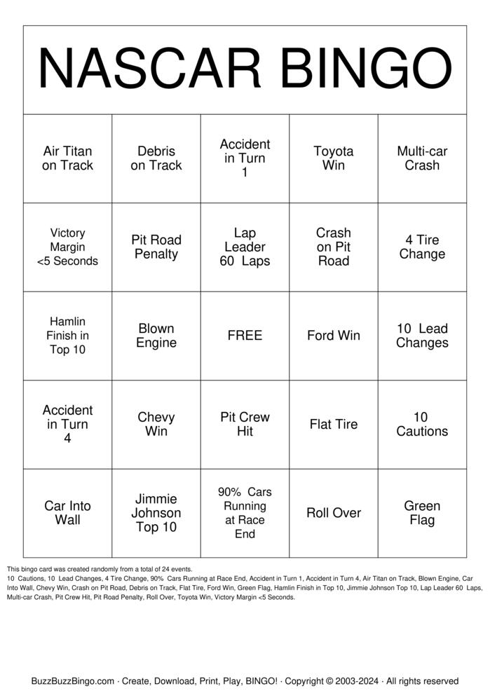 NASCAR Bingo Cards to Download, Print and Customize!