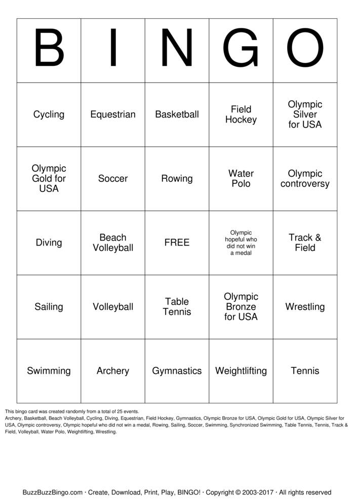 Olympic Sports Bingo Cards to Download, Print and Customize!