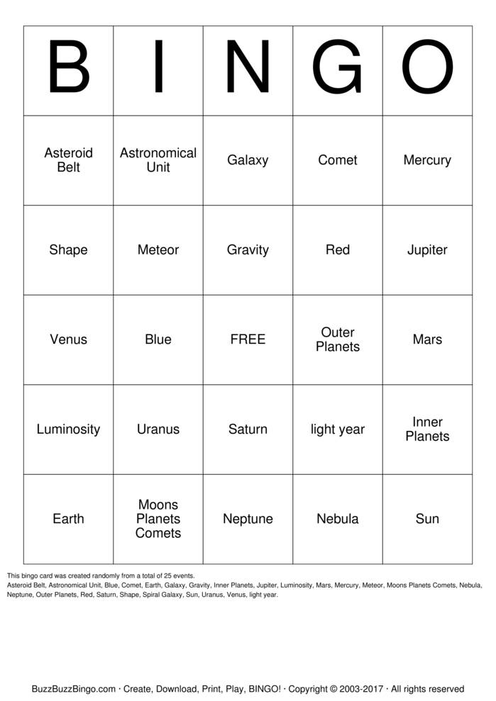 Planets Bingo Cards to Download, Print and Customize!