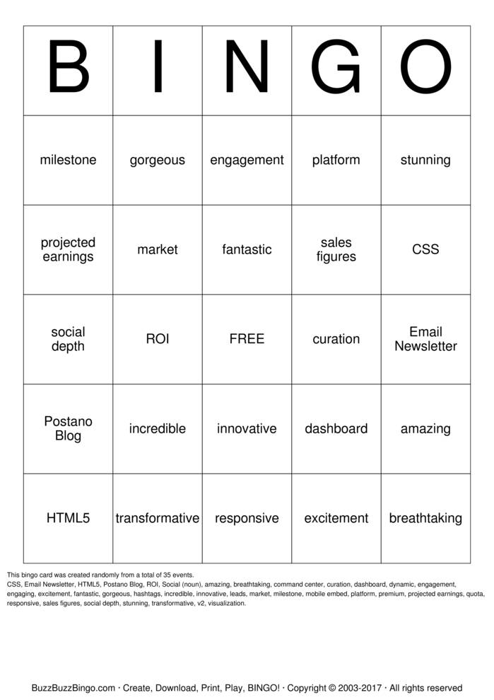 Postano Bingo Cards to Download, Print and Customize!