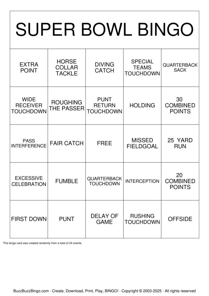 SUPERBOWL 2025 Bingo Cards to Download, Print and Customize!