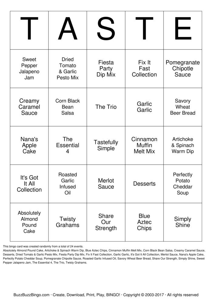 Taste #1 Bingo Cards to Download, Print and Customize!