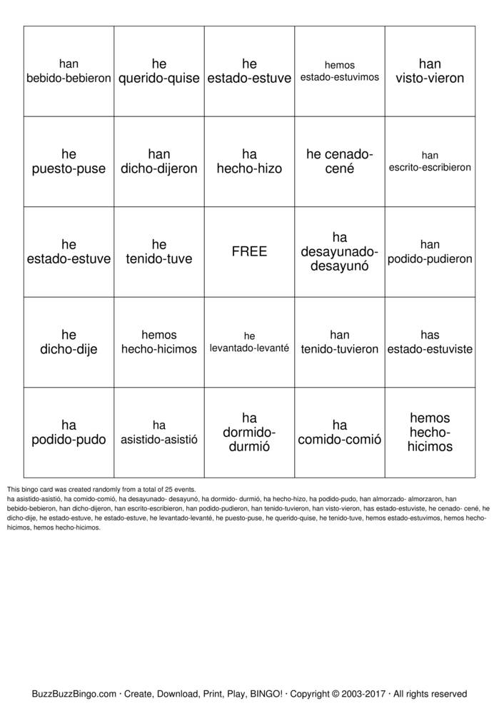 Verbos in Preterite Bingo Cards to Download, Print and Customize!