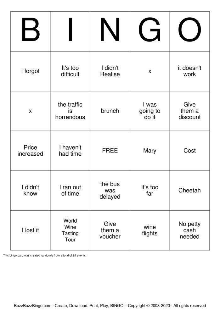 excuses Bingo Cards to Download, Print and Customize!