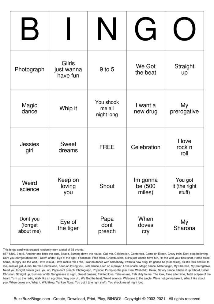 80s Bingo Bingo Cards to Download, Print and Customize!