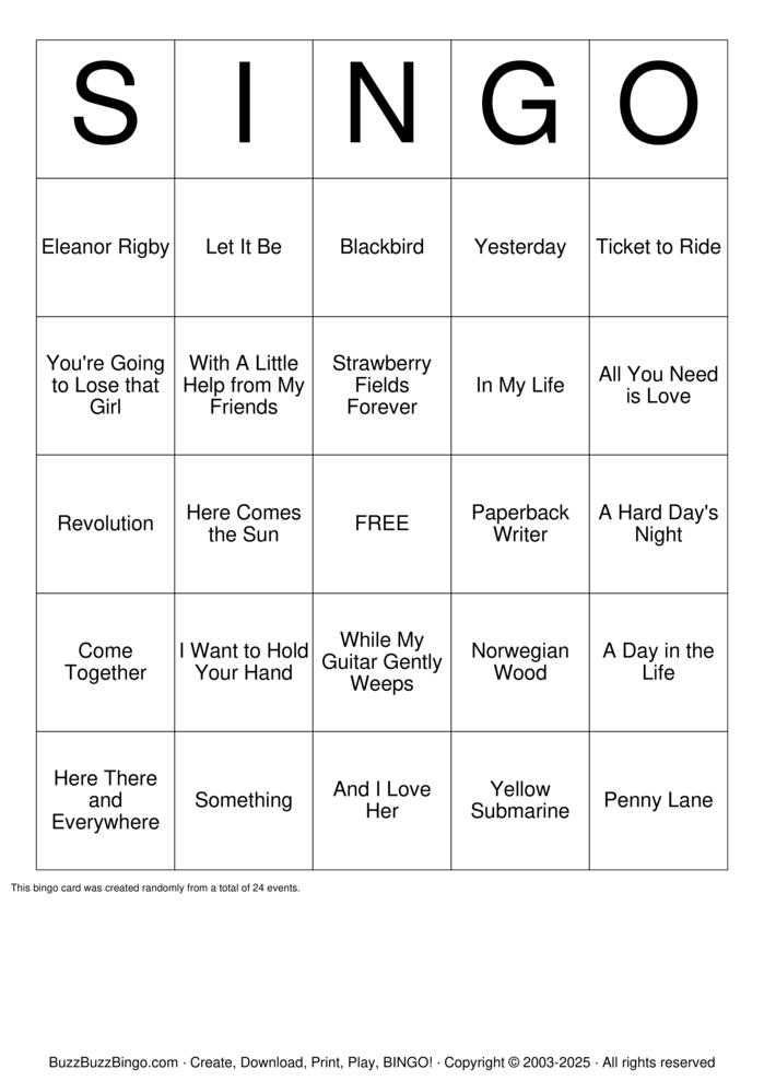 Beatles Songs Bingo Cards to Download, Print and Customize!