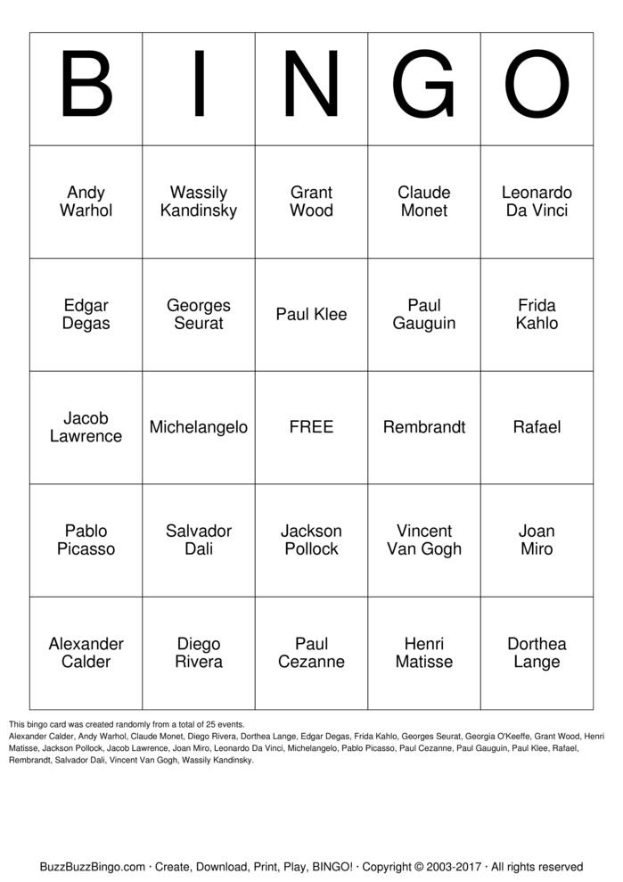 Famous Artists Bingo Cards to Download, Print and Customize!
