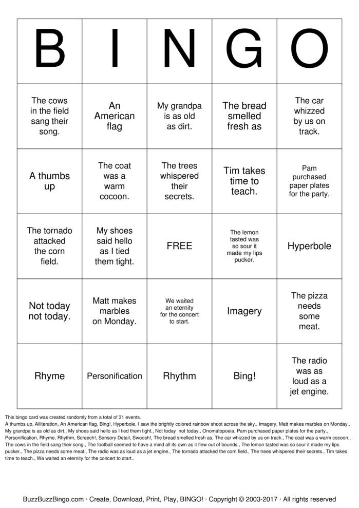 Figurative Language Bingo Cards to Download, Print and Customize!