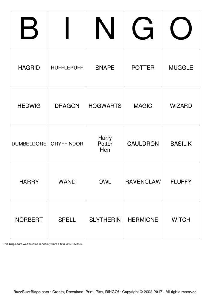 Harry Potter Bingo Bingo Cards to Download, Print and Customize!
