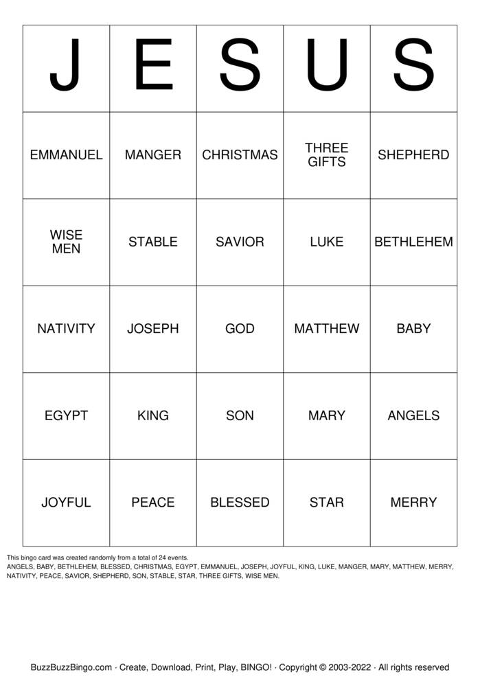 JESUS BINGO Bingo Cards to Download, Print and Customize!