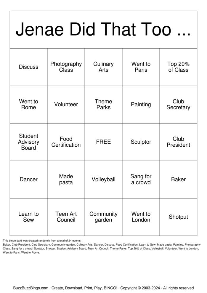 Jenae Did That Too ... Bingo Cards to Download, Print and Customize!