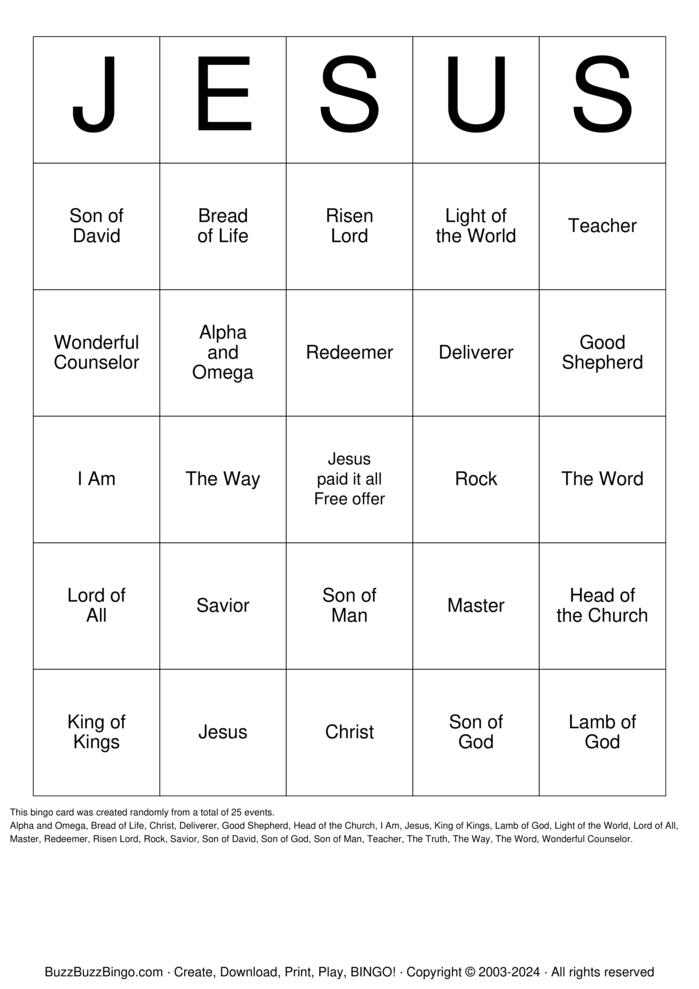 Jesus Unique Servant Transformation Bingo Cards to Download, Print and ...