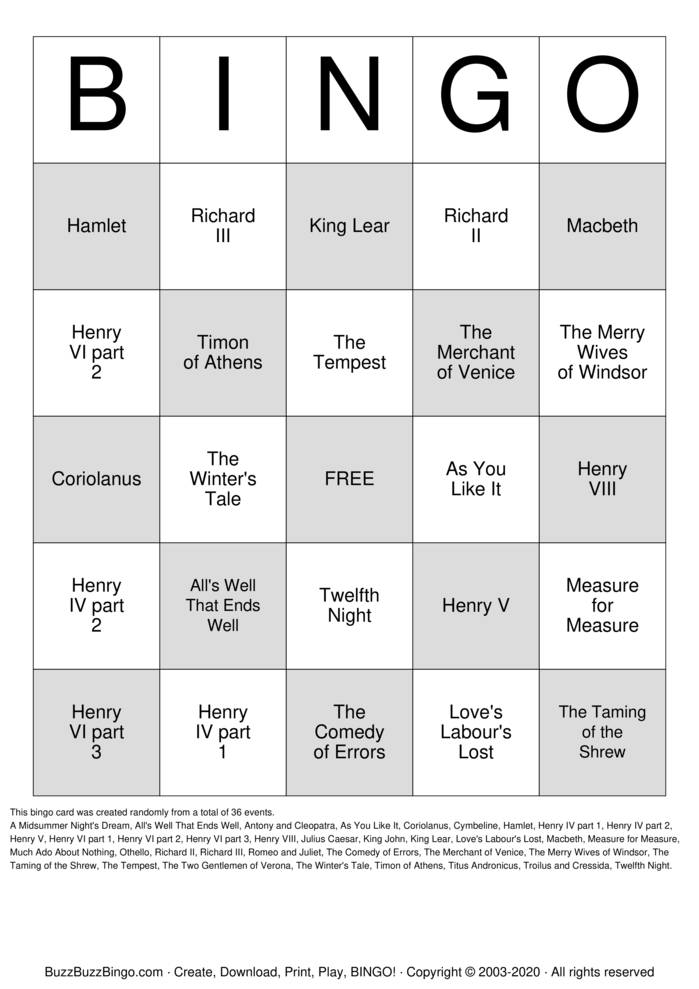 MACBETH Bingo Cards to Download, Print and Customize!