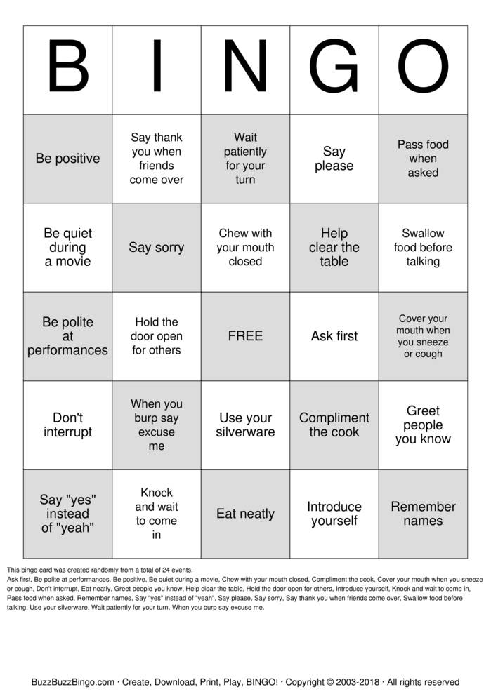 Manners Bingo Cards to Download, Print and Customize!