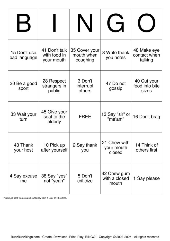 Manners B-I-N-G-O Bingo Cards to Download, Print and Customize!