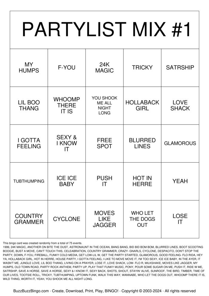 PARTY LIST MIX #1 Bingo Cards to Download, Print and Customize!