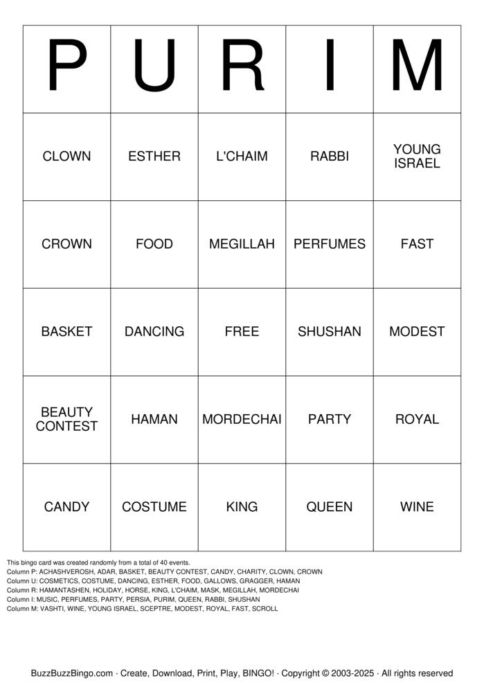 PURIM Bingo Cards to Download, Print and Customize!
