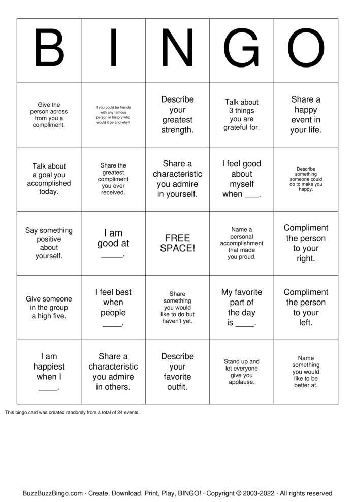 Self Esteem Bingo Cards to Download, Print and Customize!