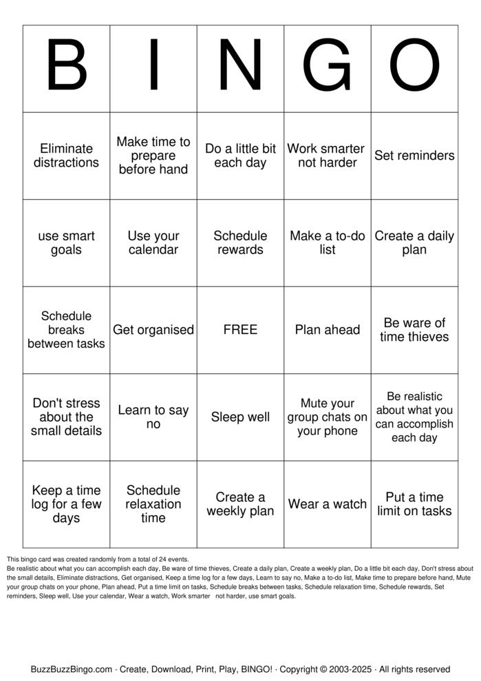 Time Management Bingo Cards to Download, Print and Customize!
