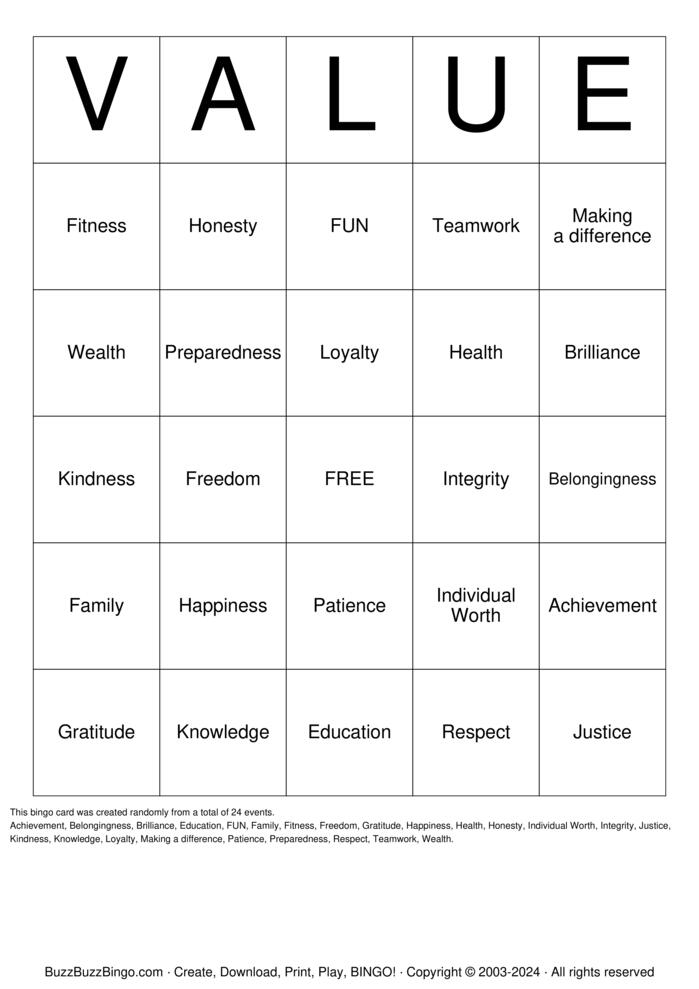 VALUES Bingo Cards to Download, Print and Customize!