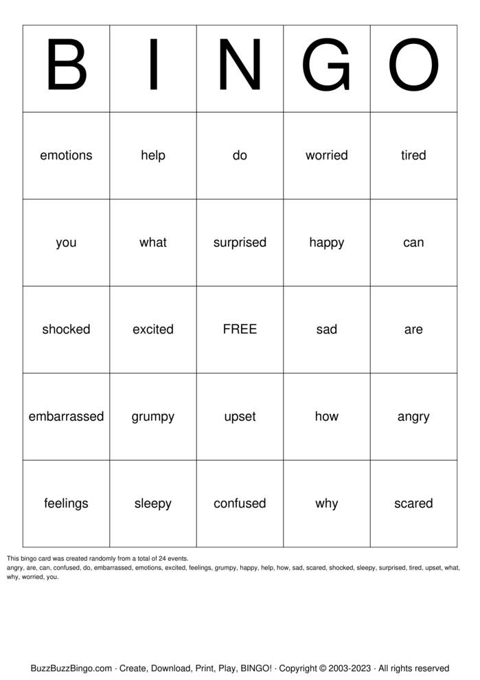 feelings Bingo Cards to Download, Print and Customize!