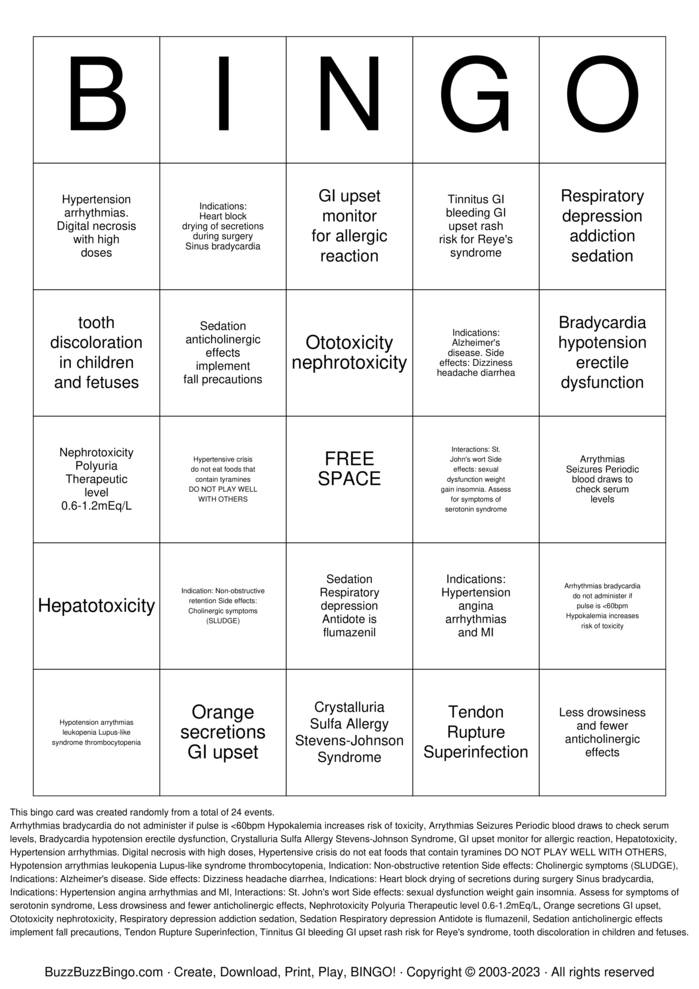 pharmacology Bingo Cards to Download, Print and Customize!