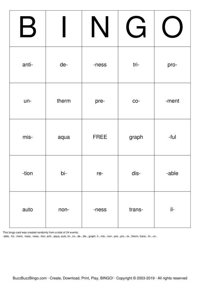 Affix & Root Word Throwdown Bingo Cards to Download, Print and Customize!