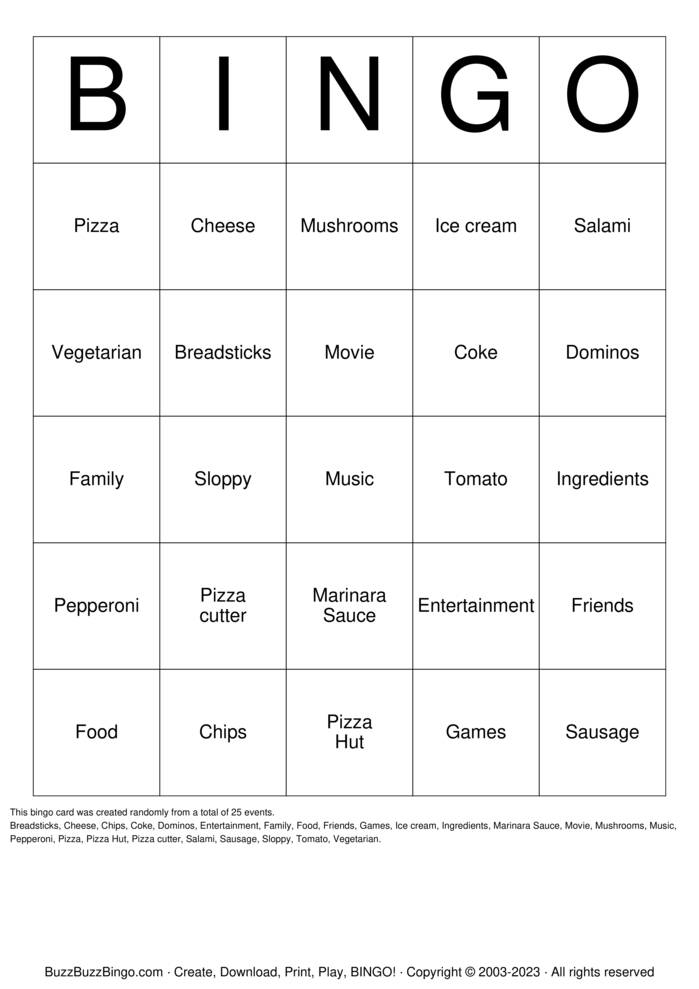 Captain Tony's Pizza Bingo Bingo Cards to Download, Print and Customize!