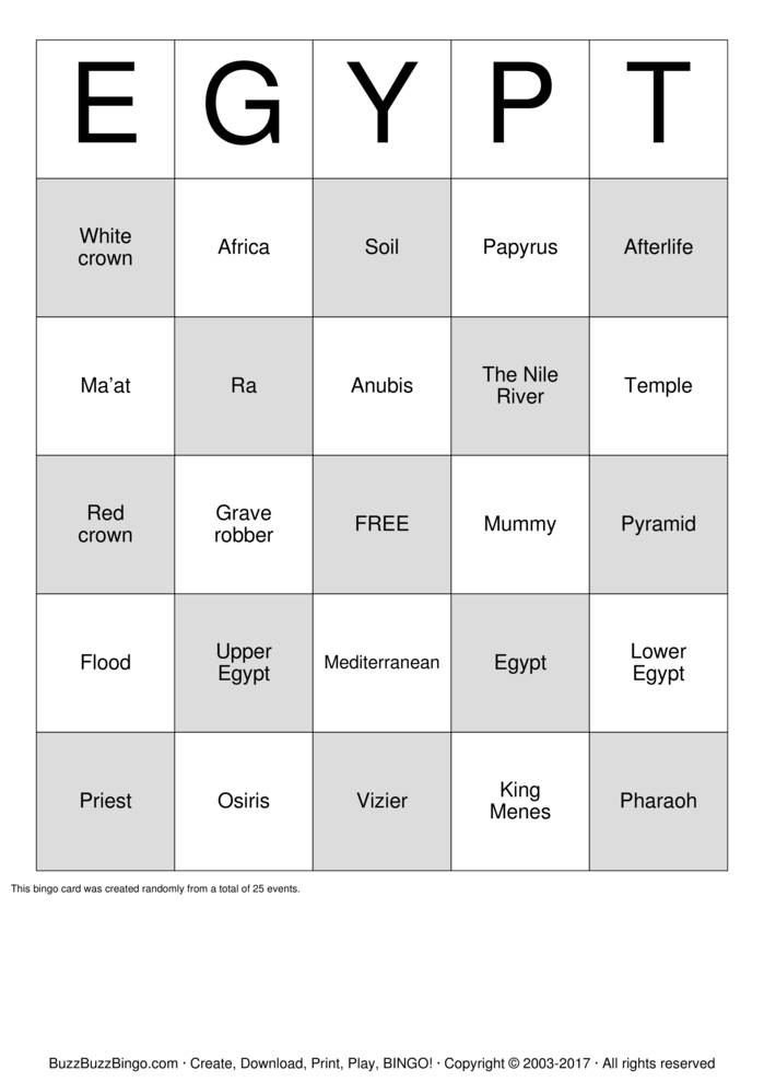 Egypt Bingo Cards to Download, Print and Customize!