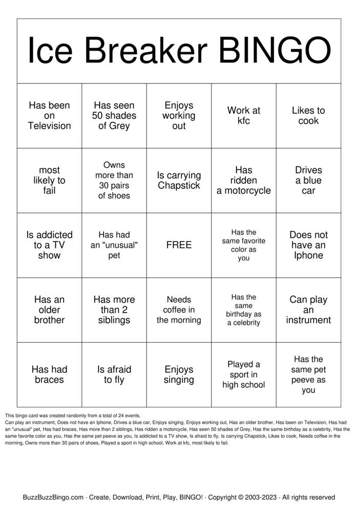 ICEBREAKER BINGO Bingo Cards to Download, Print and Customize!