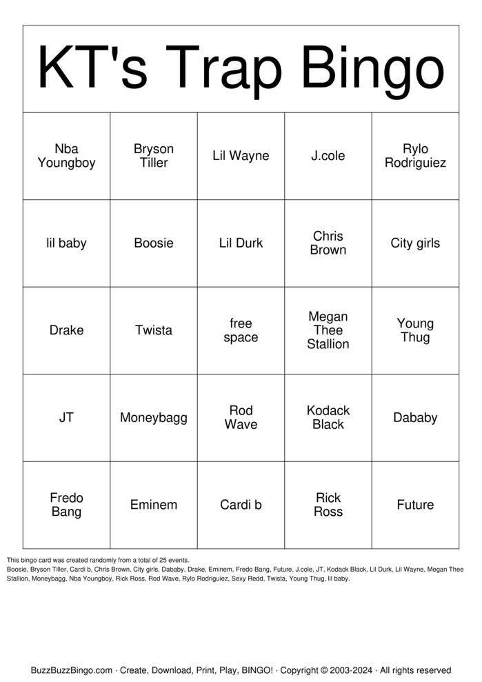 KT's Trap Bingo Bingo Cards to Download, Print and Customize!