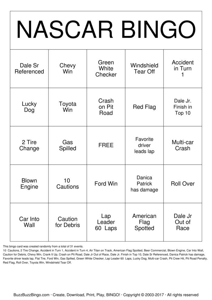 NASCAR Bingo Cards to Download, Print and Customize!