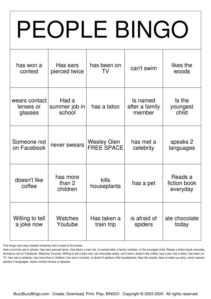 People Bingo Bingo Cards to Download, Print and Customize!