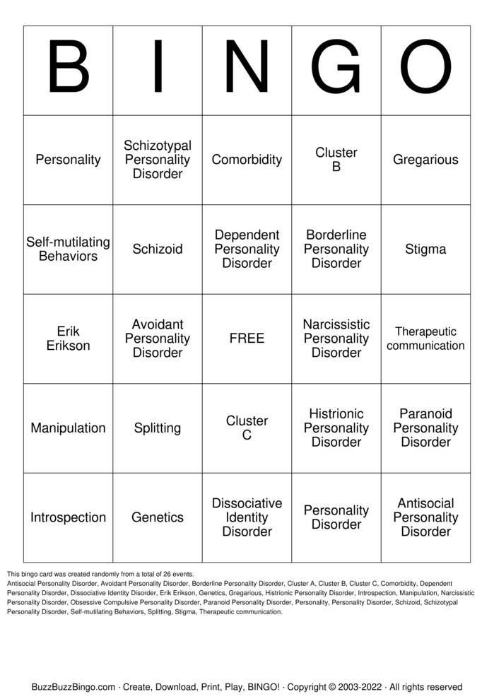 Personality Disorder Bingo Cards to Download, Print and Customize!