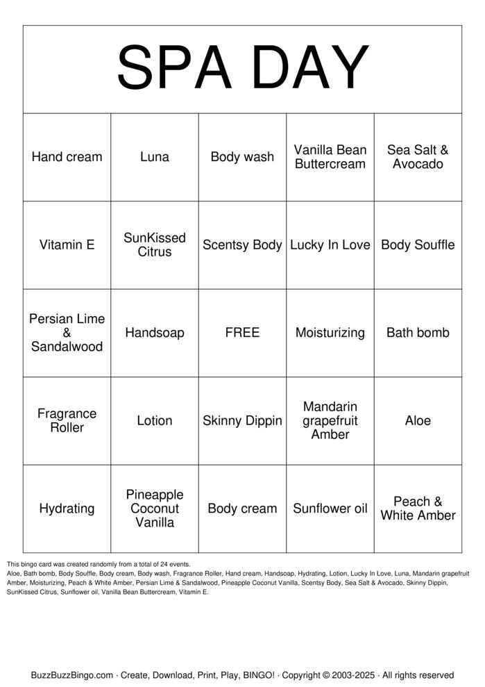 Spa day! Bingo Cards to Download, Print and Customize!