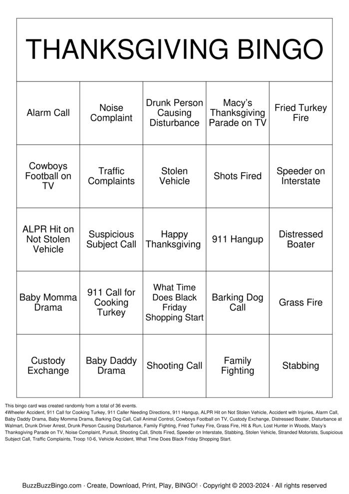 THANKSGIVING BINGO Bingo Cards to Download, Print and Customize!