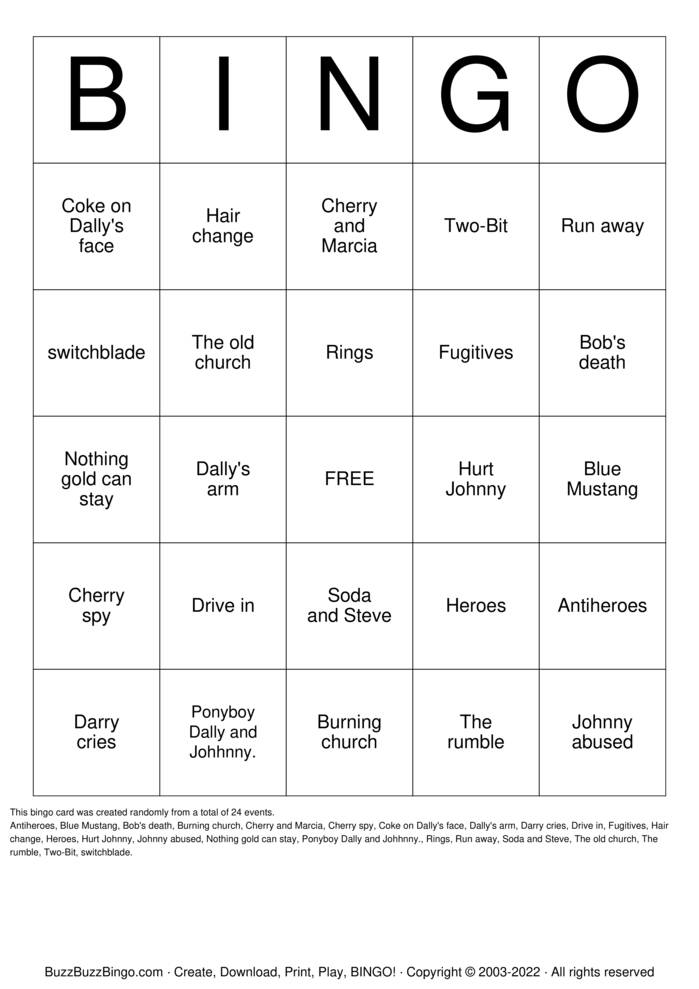 The Outsiders Bingo Cards to Download, Print and Customize!