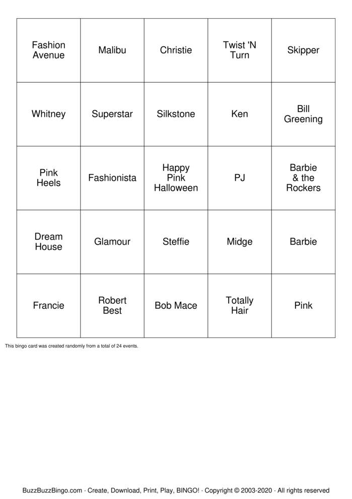 Barbie Bingo Cards to Download, Print and Customize!