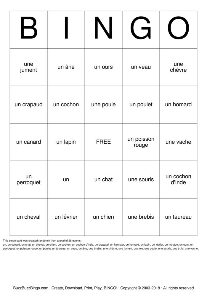 French Animals Bingo Cards to Download, Print and Customize!