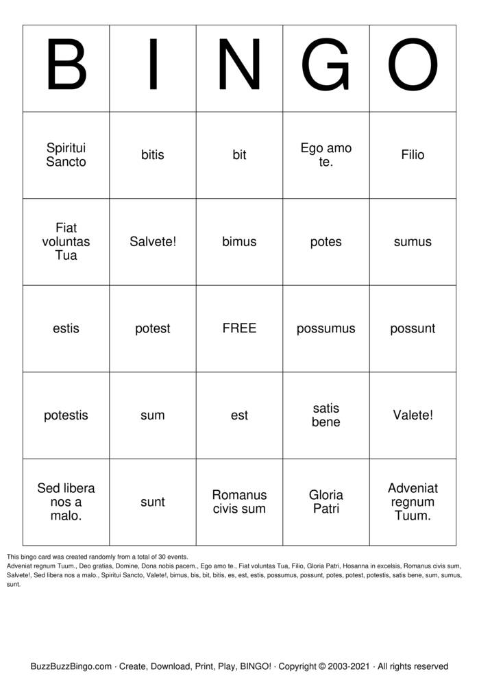 Latin Bingo Cards to Download, Print and Customize!